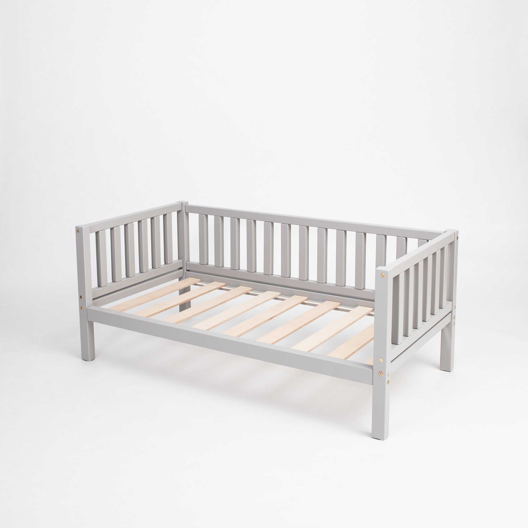 Kids platform bed on legs with 3 sided rails